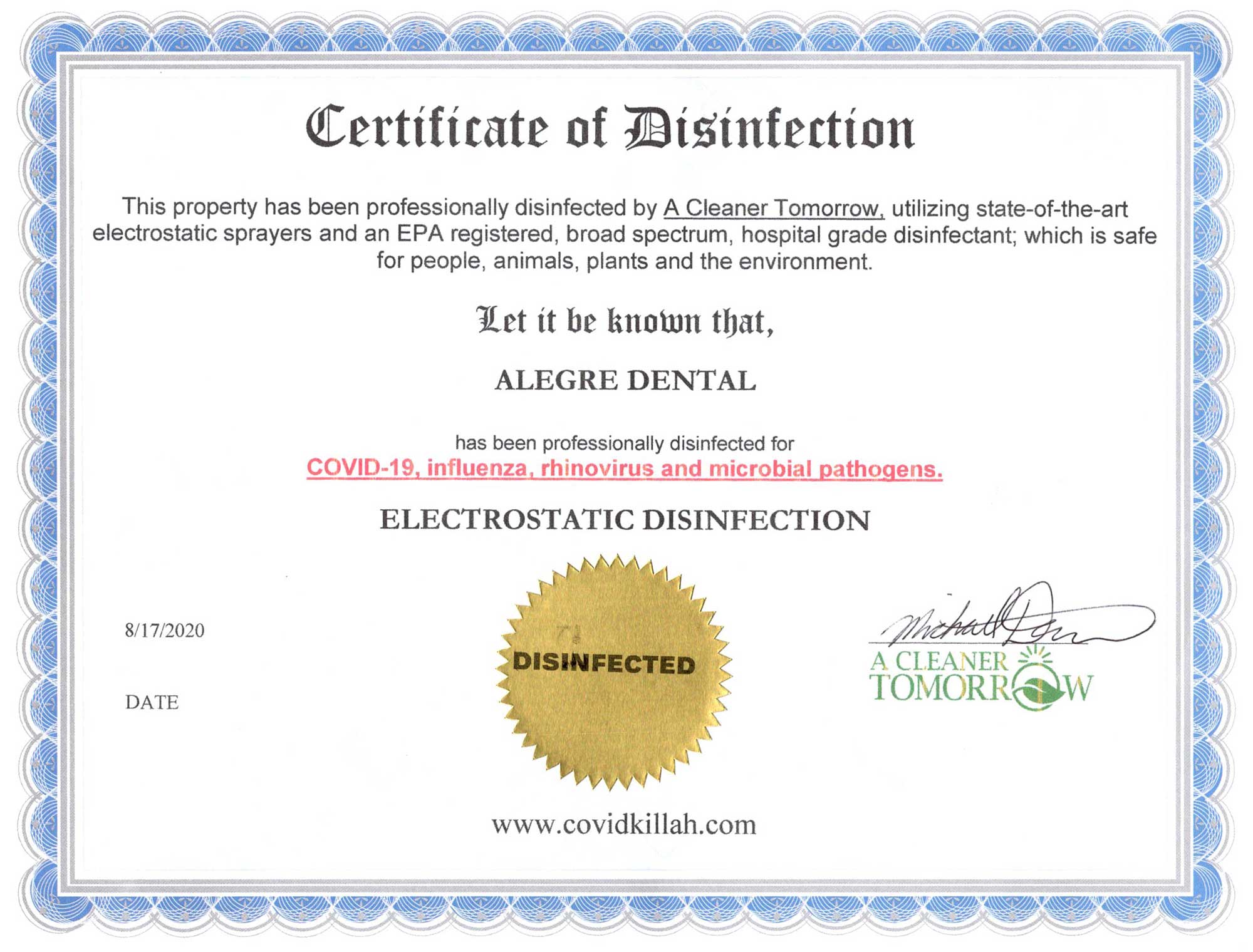 Certificate of Disinfection – Alegre Dental : Dentist Lynn, MA